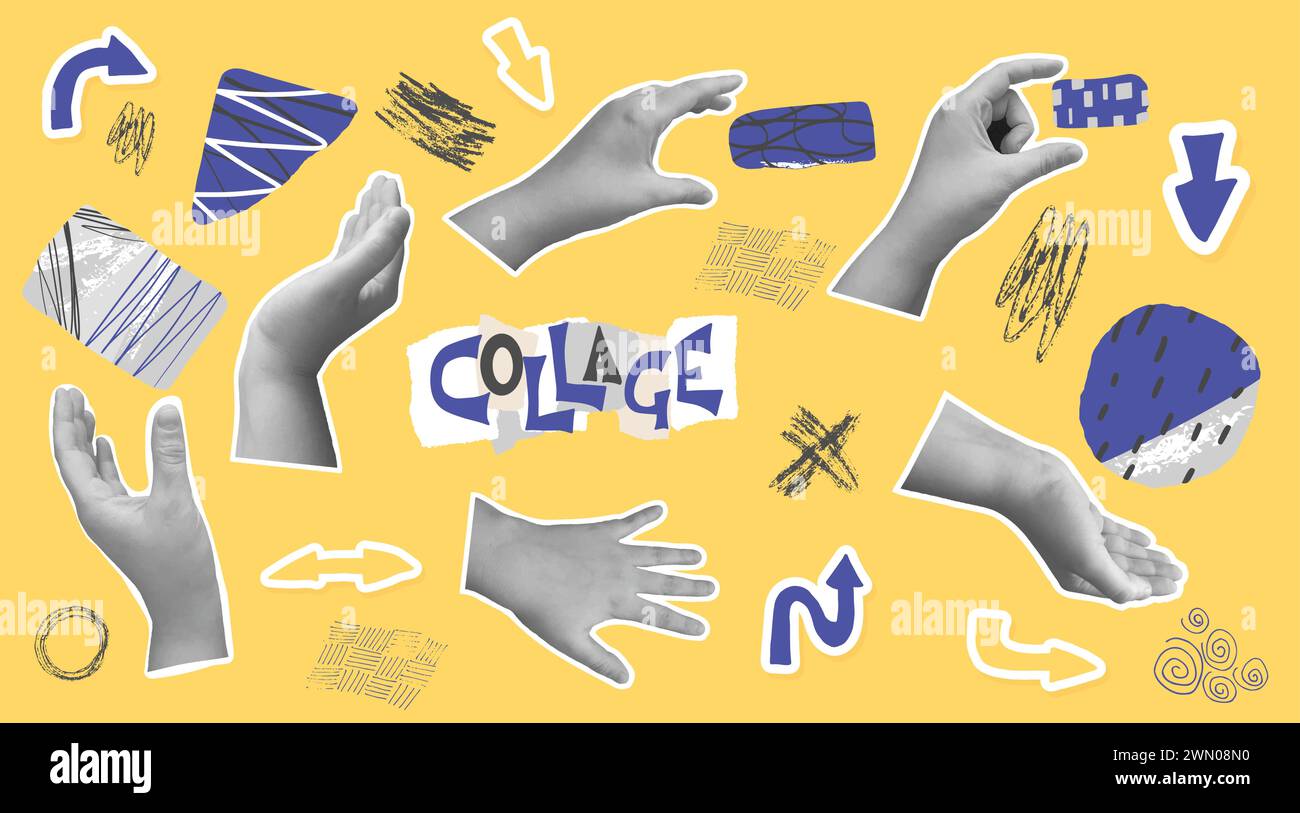 Hands collage set. Modern retro palms elements with arrow abstract ...