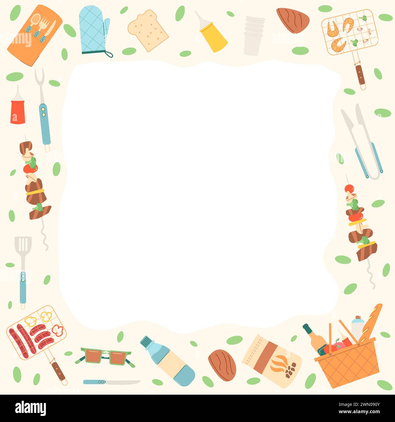 Picnic frame with copy space. Grill, basket with food, hat and gadgets ...