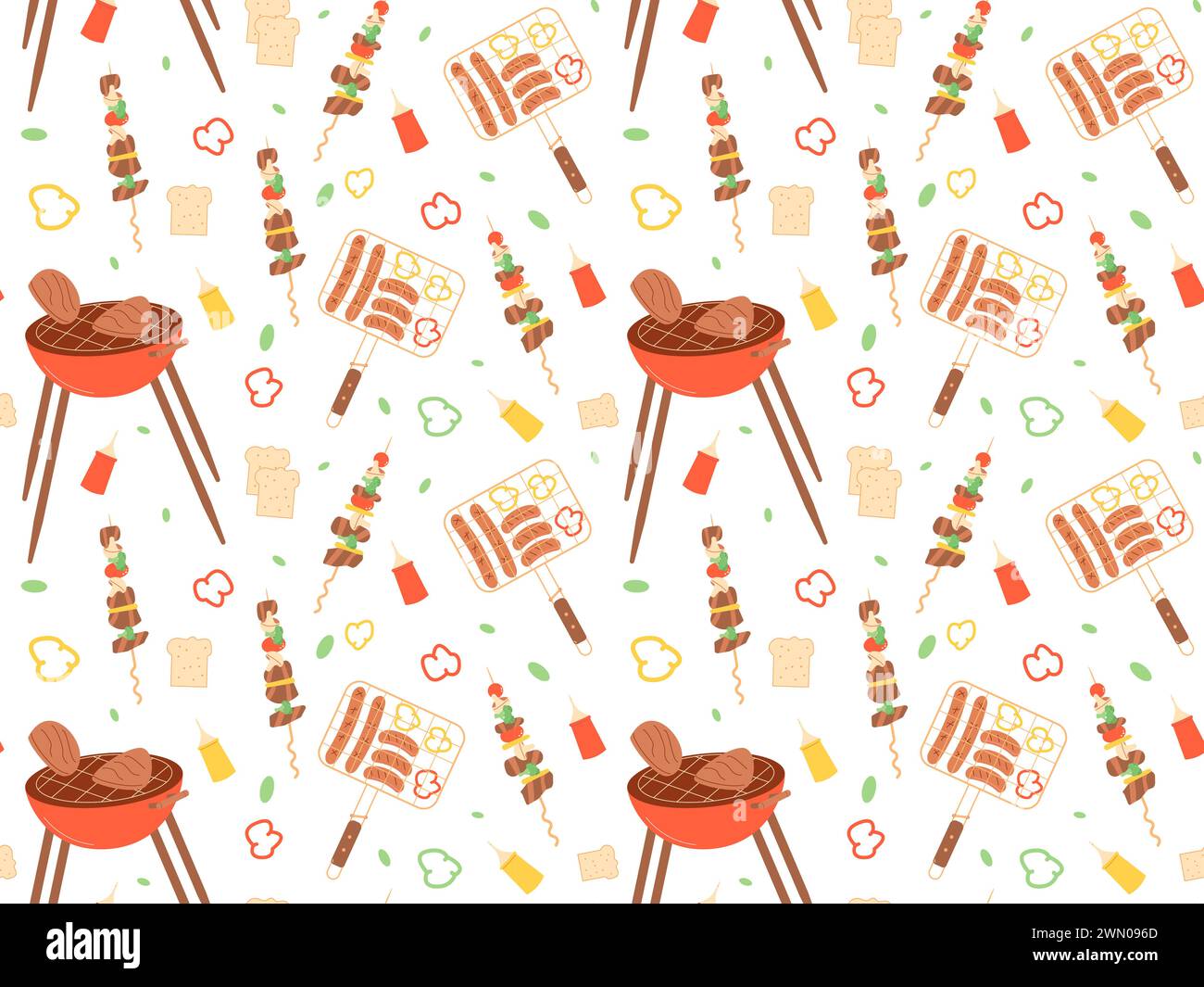 BBQ seamless pattern. Grill grate barbecue with skewer and meat endless ...