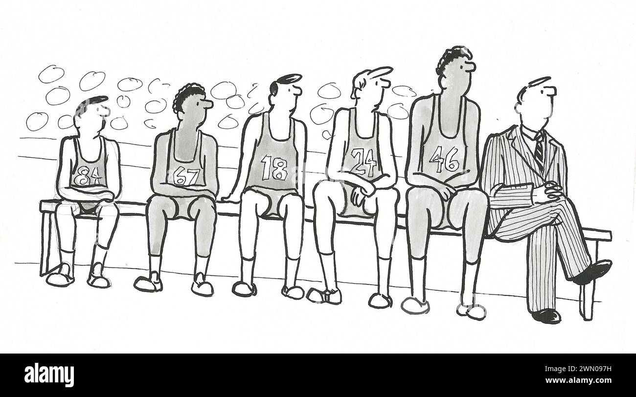BW cartoon illustration of basketball players who sit on the bench by ...