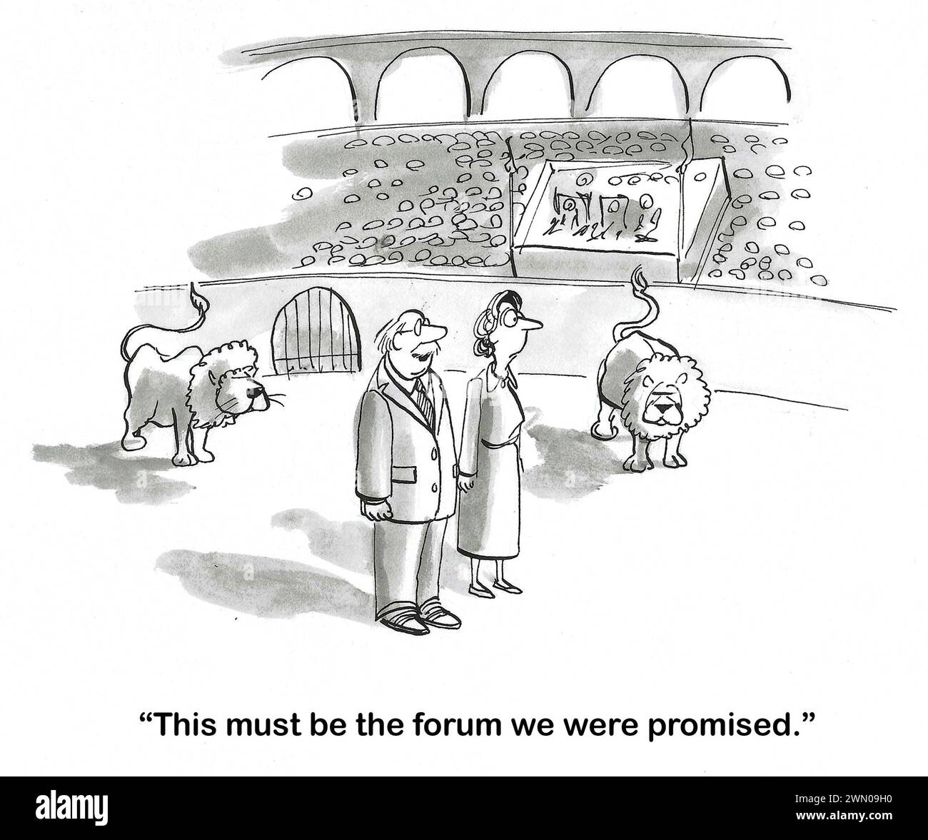 BW cartoon of two professionals in a form with lions, it does not look ...