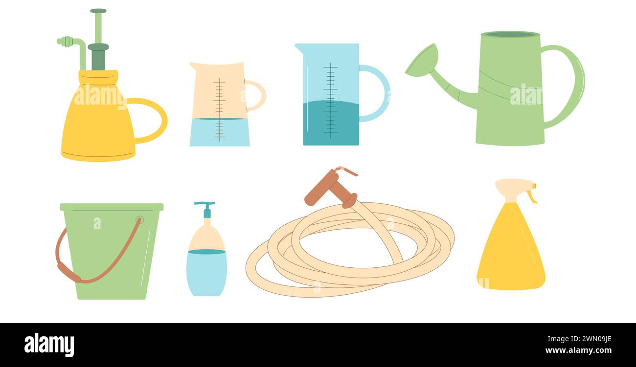 Watering tools set isolated on white background. Watering can hose ...