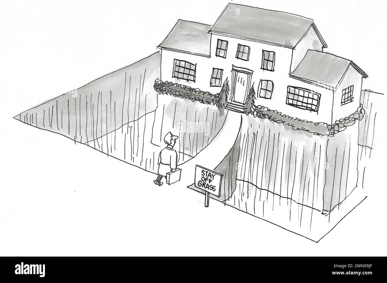 BW cartoon illustration of a house with a moat around it with very long ...