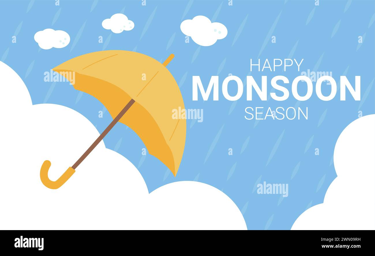 Happy Monsoon season banner template. Umbrella on windy cloudy and ...
