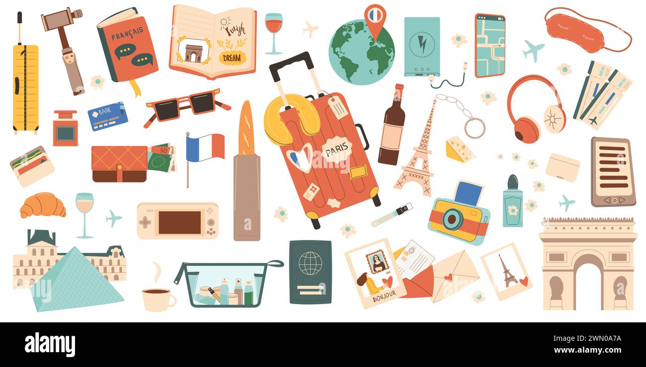 France travel set. Tourism to Paris elements isolated on white ...