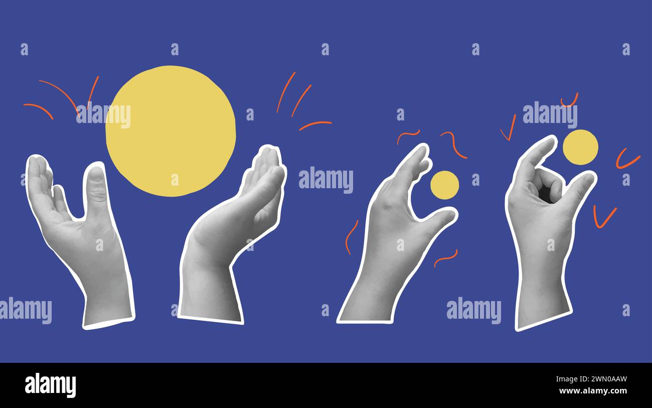 Hands collage set. Modern retro palms elements catch and hold abstract ...