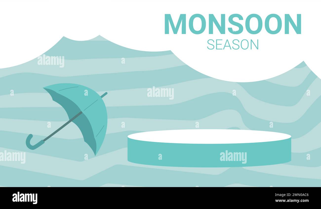 Monsoon season banner template. Podium and umbrella for advertising ...