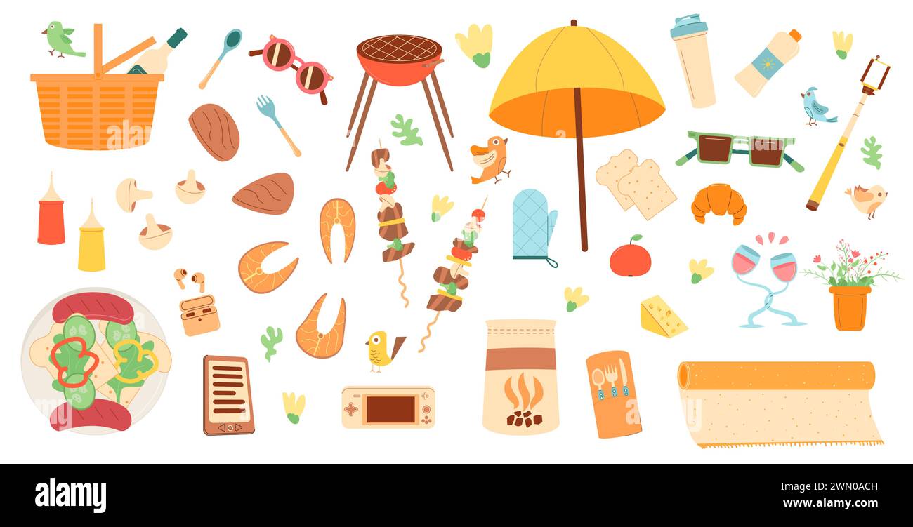 Bbq element set. Grill and kebab elements isolated on white background ...