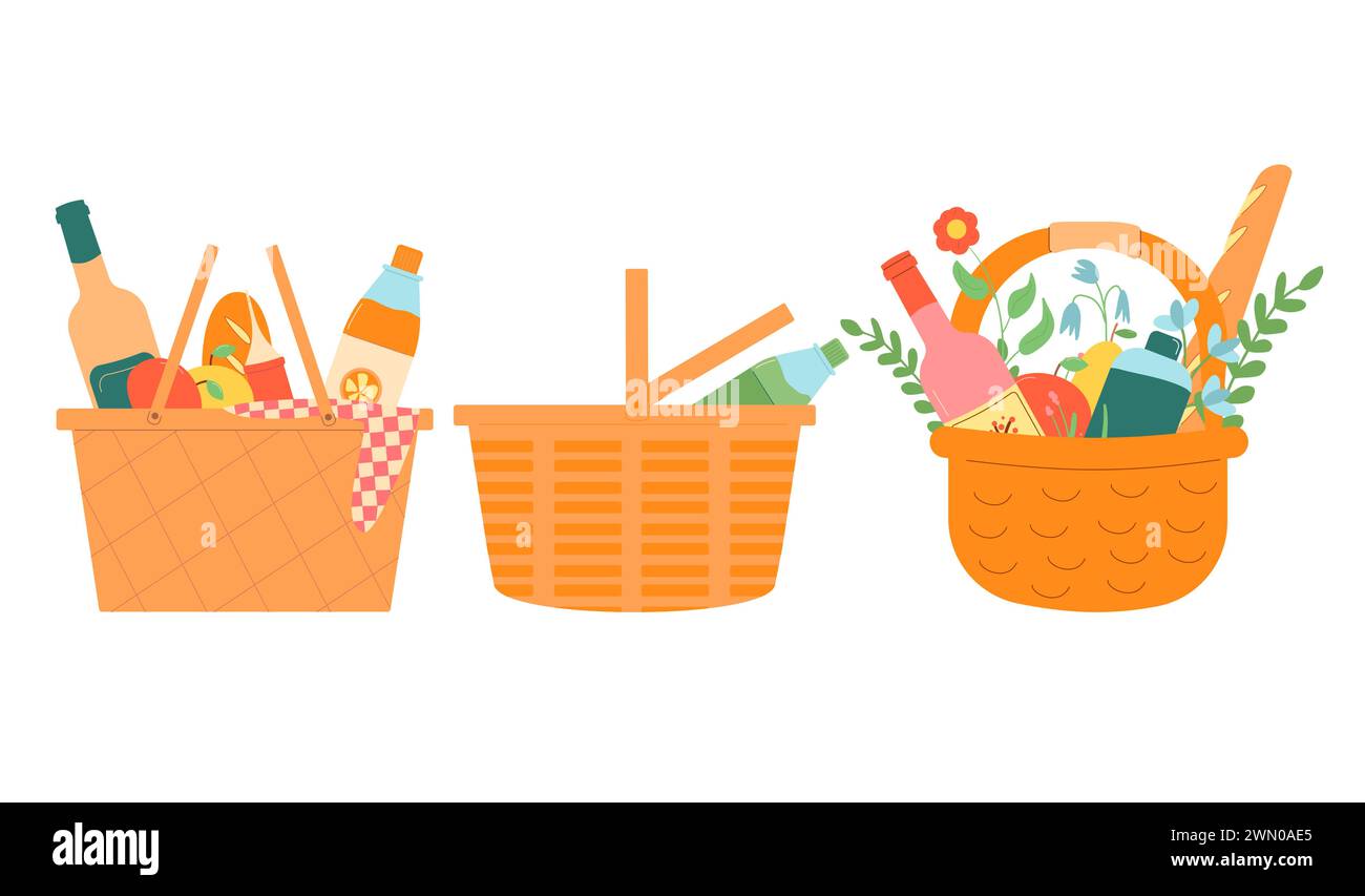 Picnic baskets set isolated on white background. Cookout food and wine ...