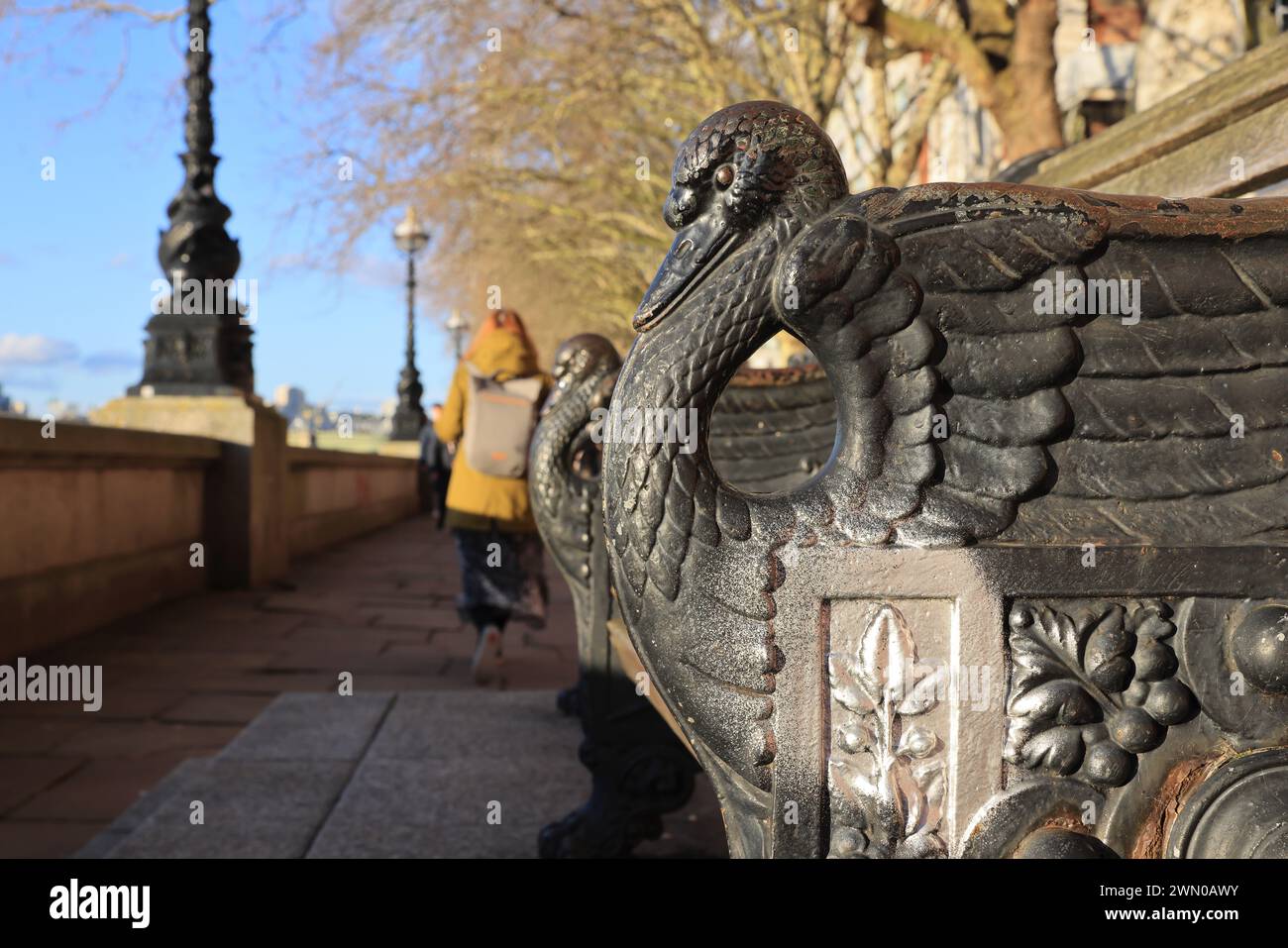 Detail on bench on the Albert Embankment on the River Thames opposite ...