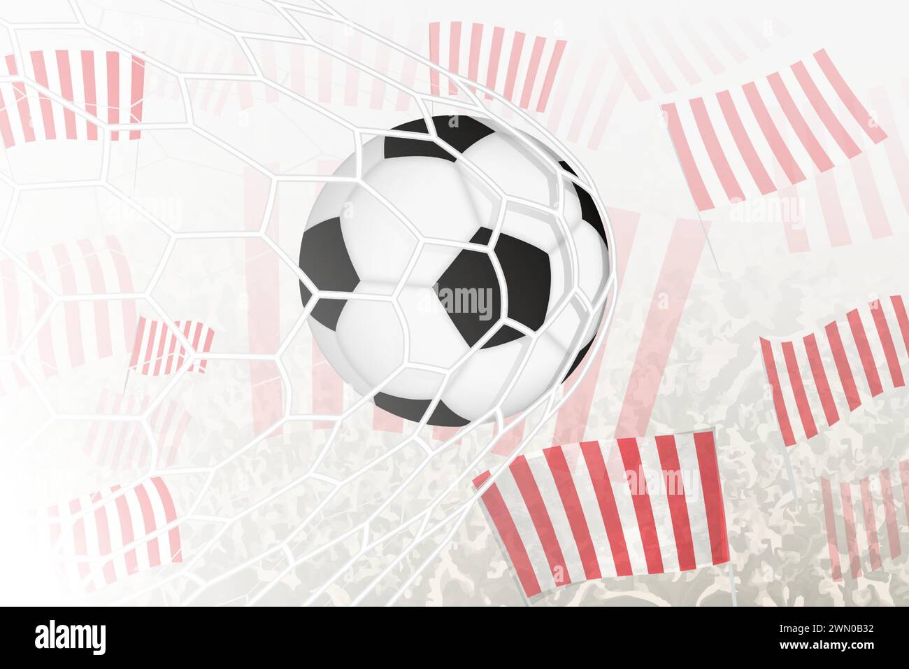 Football ball in goal net on crowd background with red and white ...
