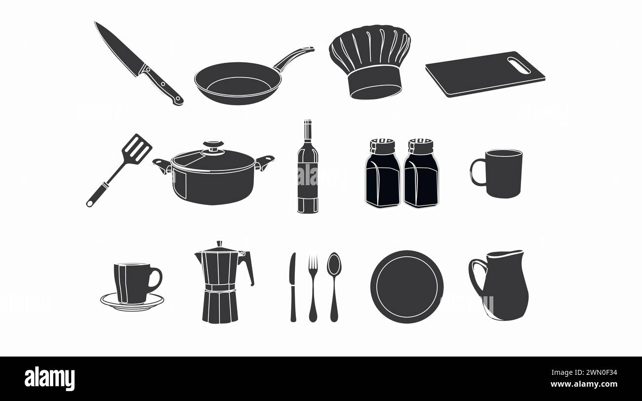 Kitchen Icon Set. Set of black and white isolated illustrations of ...