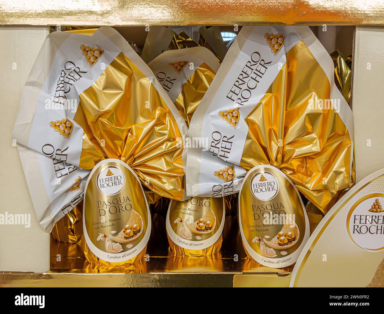Alba, Italy - February 27, 2024: Ferrero Rocher easter egg white ...