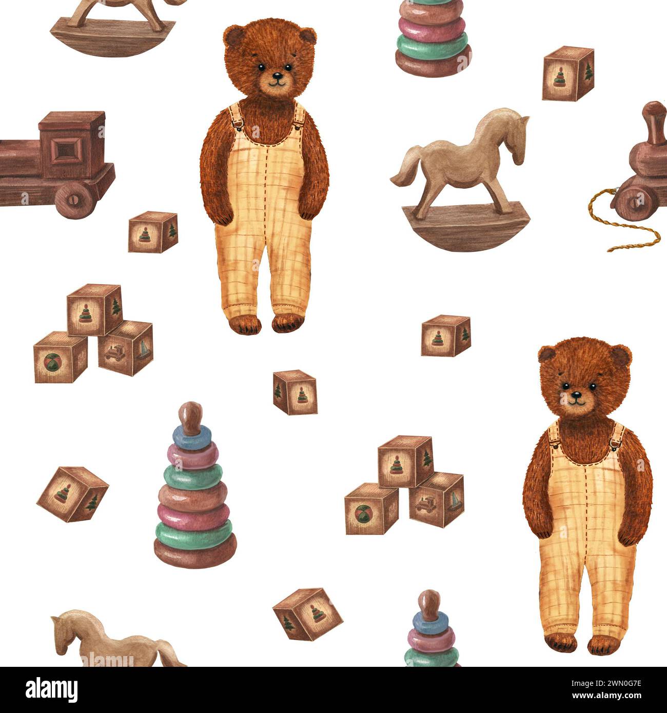 Cute funny little baby bear toy seamless pattern. Watercolor hand drawn ...