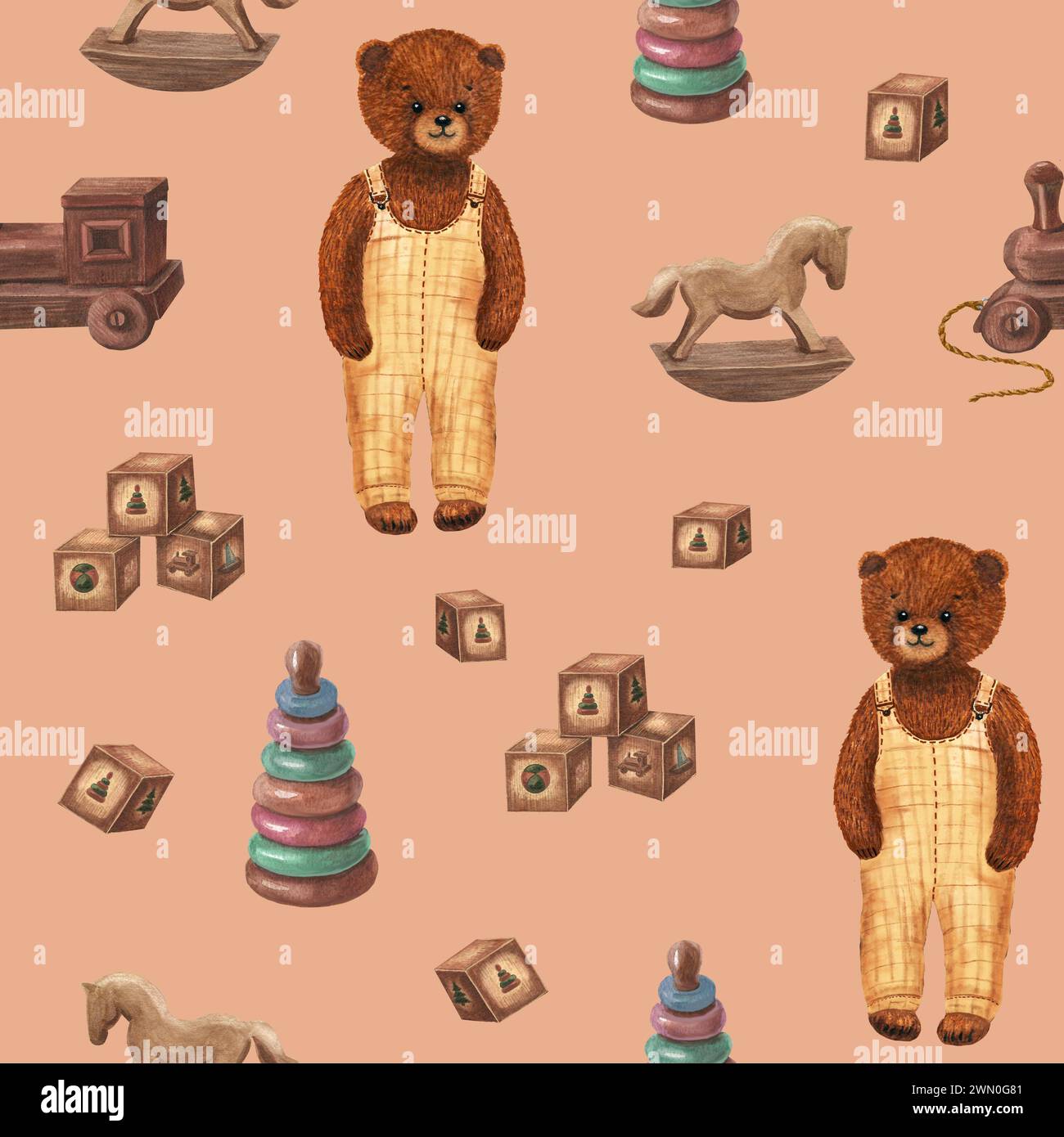 Cute funny little baby bear toy seamless pattern. Watercolor hand drawn ...