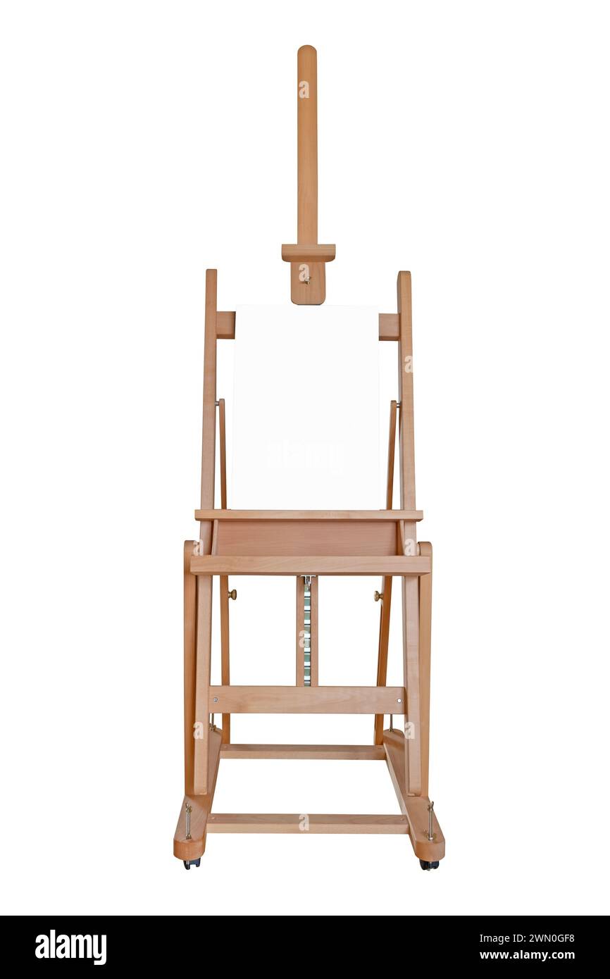 Wooden easel with blank canvas isolated on white background, front view ...