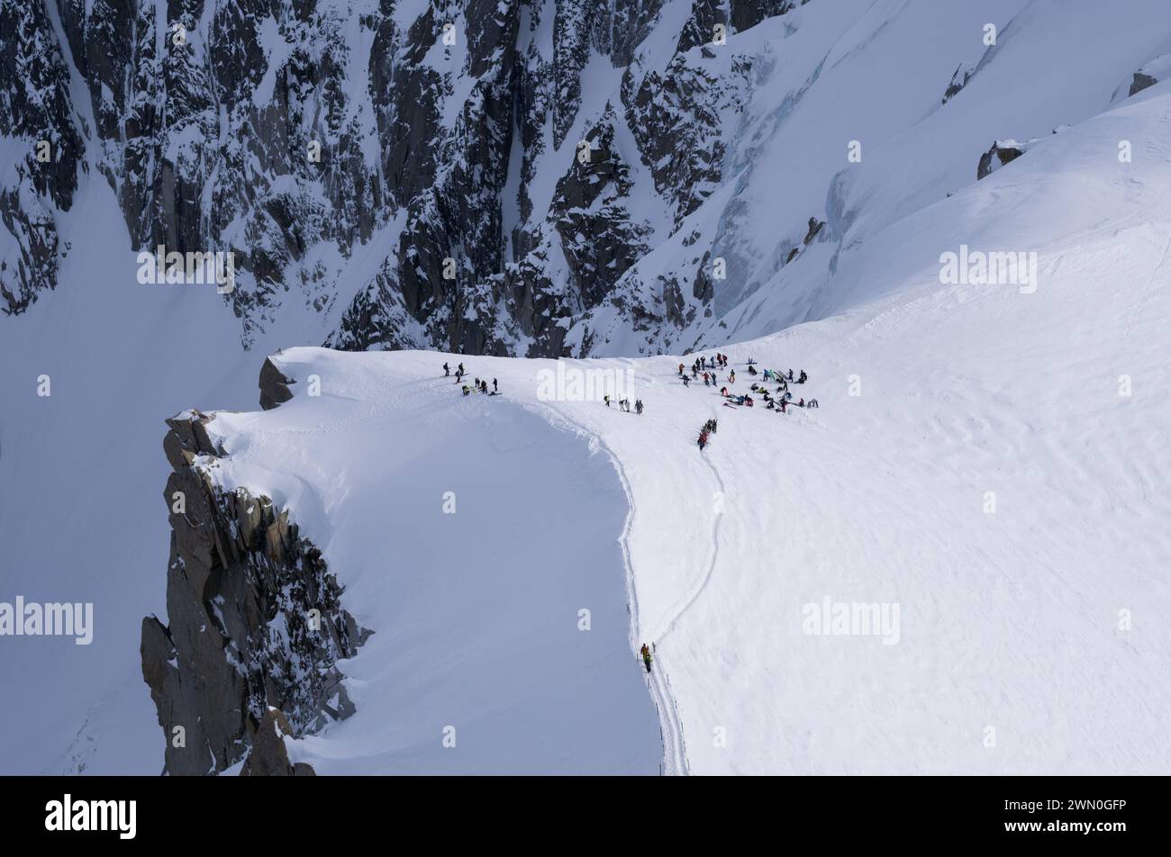 A group of skiers in the Mont Blanc massif, Chamonix region, France ...