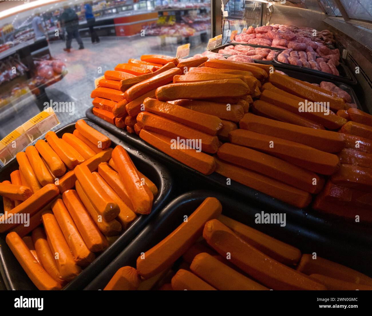 sausage in market showcase Stock Photo - Alamy
