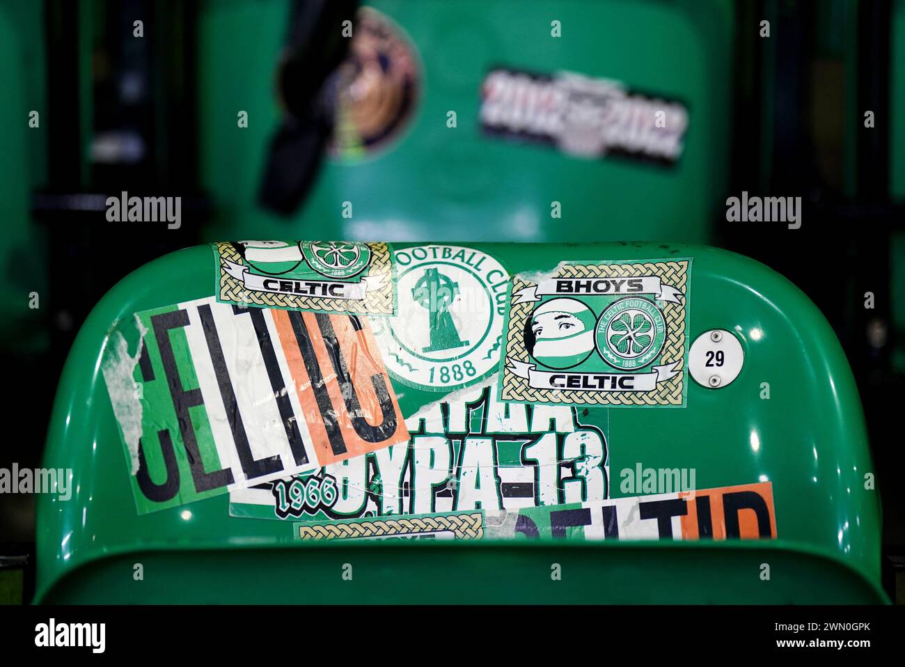 Celtic stickers on seats inside the stadium ahead of the cinch ...