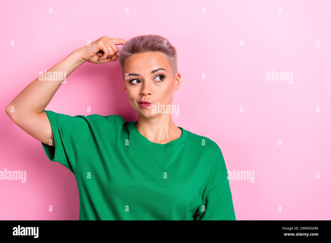 Portrait of minded pensive person hand finger scratch head look empty ...