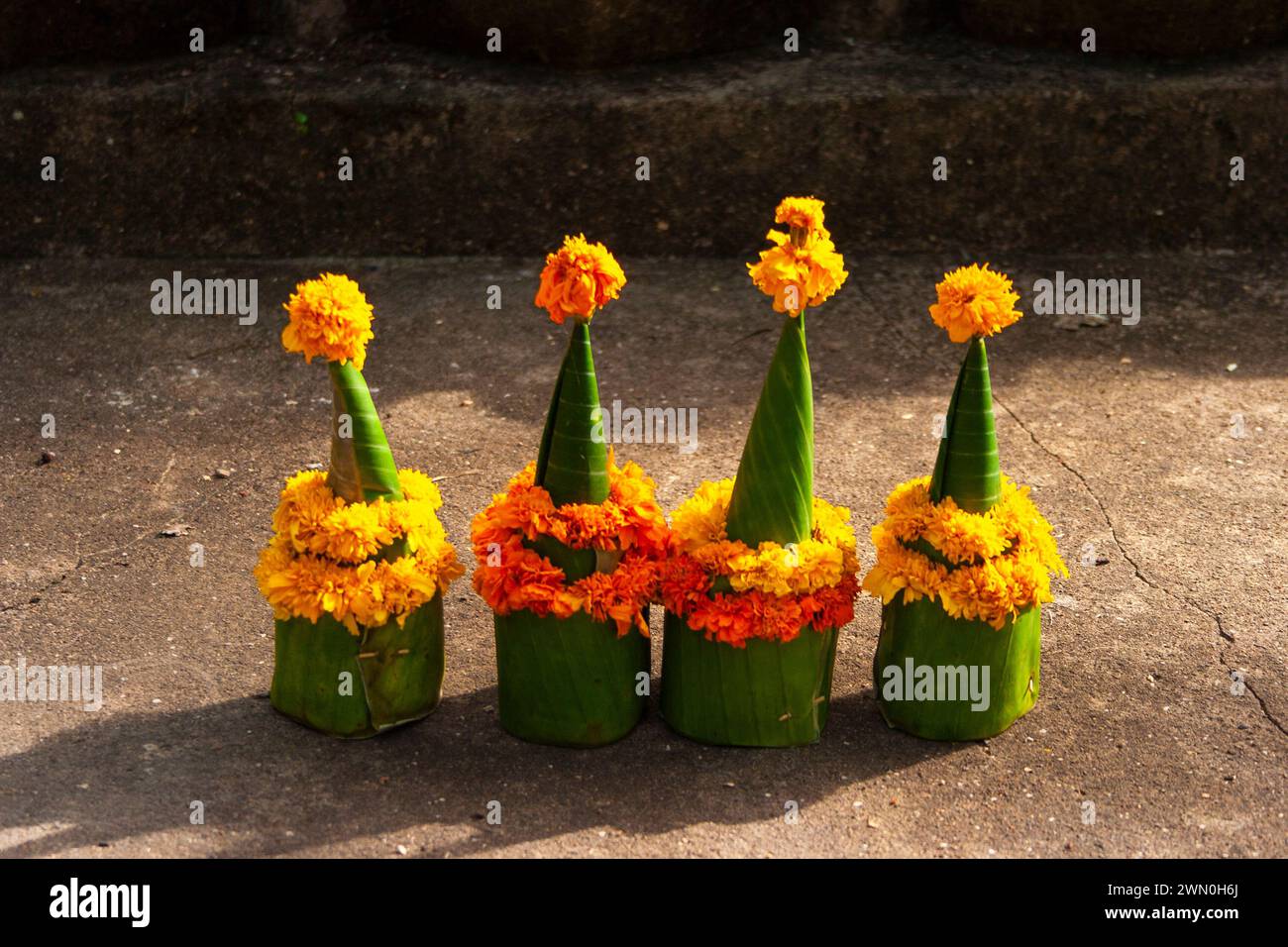 Banana leaf and marigold religious offering in Luang Prabang in ...
