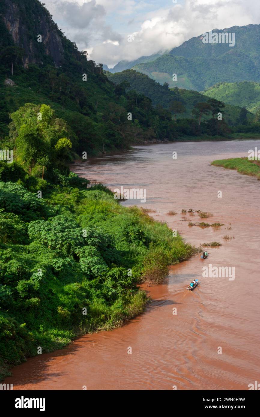 Nam Ou river and mountains in Nong Khiaw in northern Laos in South East ...