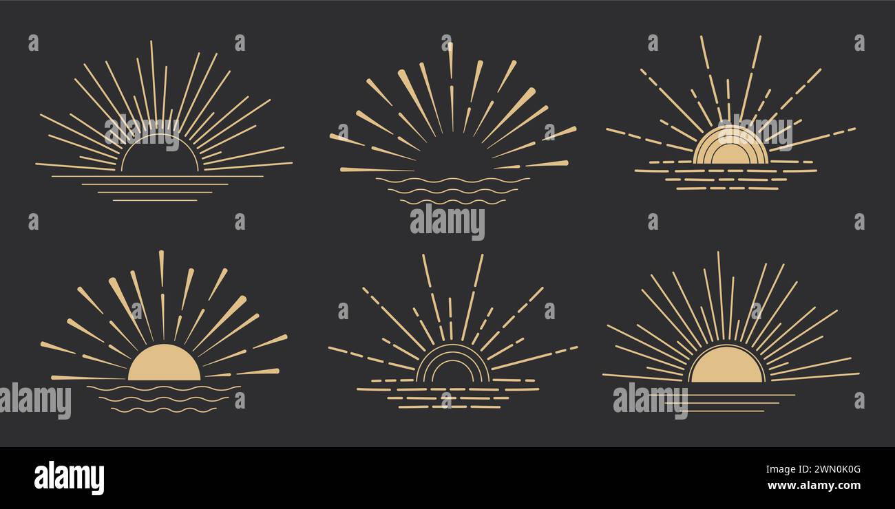 Golden sun burst beam line minimal sunrise decoration isolated on dark ...
