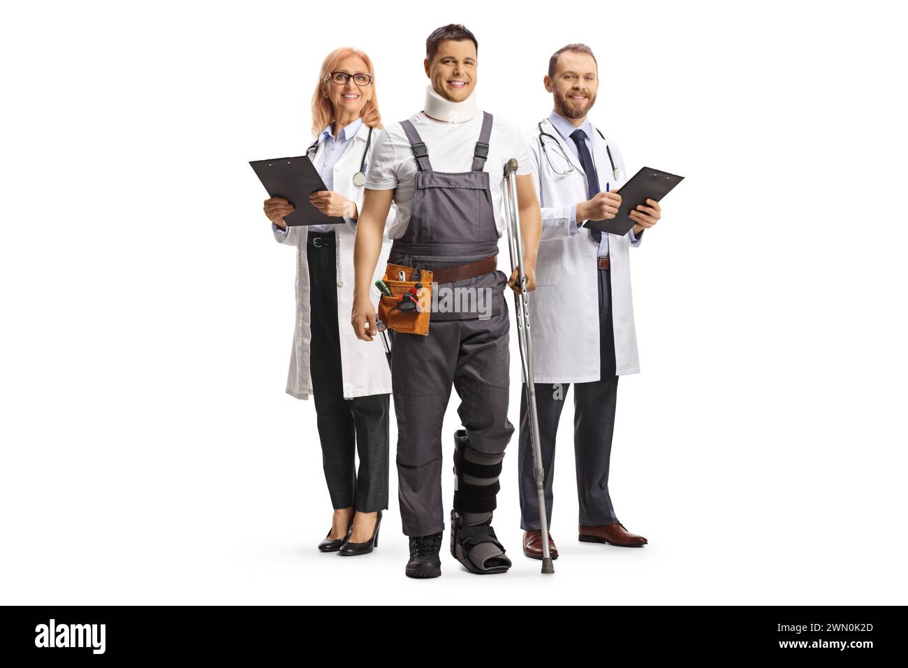 Doctors behind an injured worker with a neck injury standing with a ...