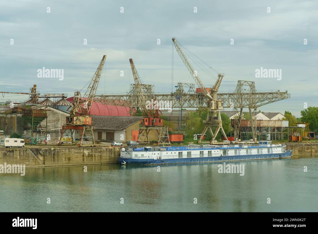 Saint-Marseille, France, April 28, 2023: A blue cargo barge floats on a ...