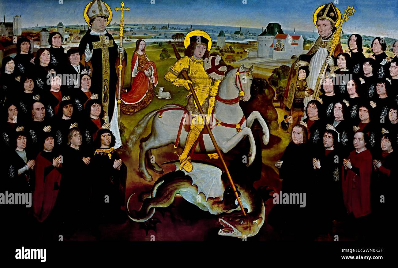 St. George and the Dragon, in a suit of golden armour and seated on a ...