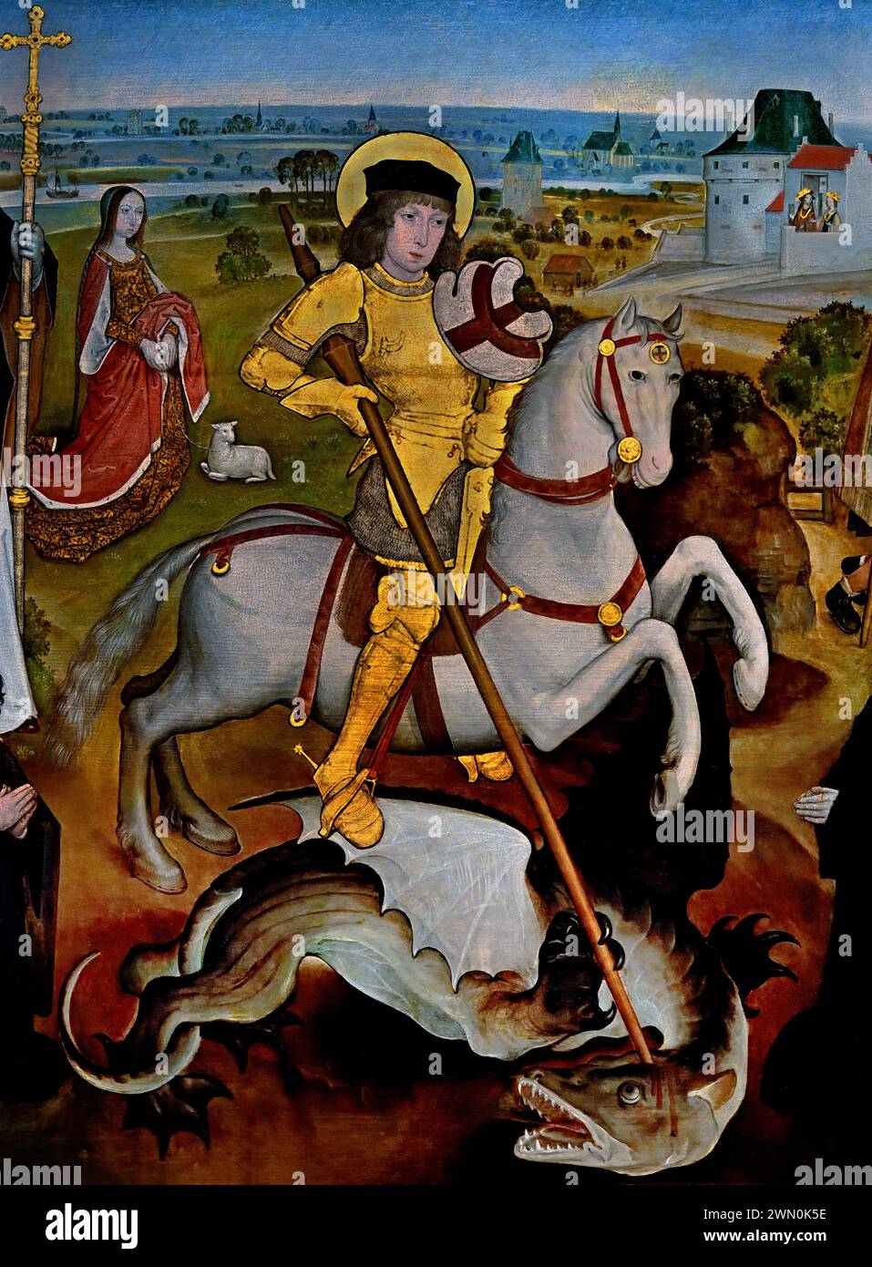 St. George and the Dragon, in a suit of golden armour and seated on a ...