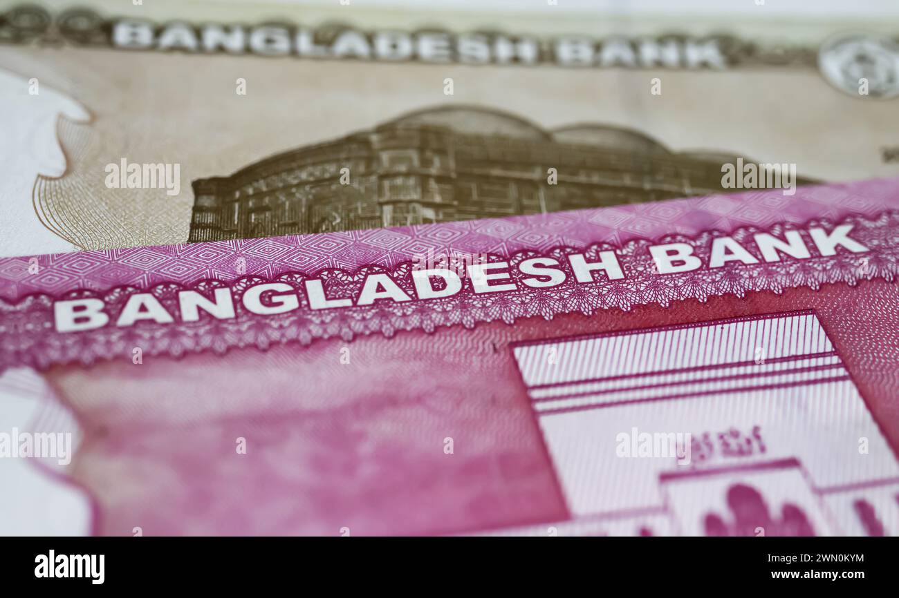 Closeup of old currency Bangladesh bank Taka banknote (focus on center ...
