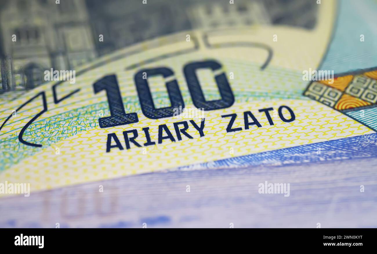 Closeup of old currency Madagascar Ariary banknote (focus on center ...