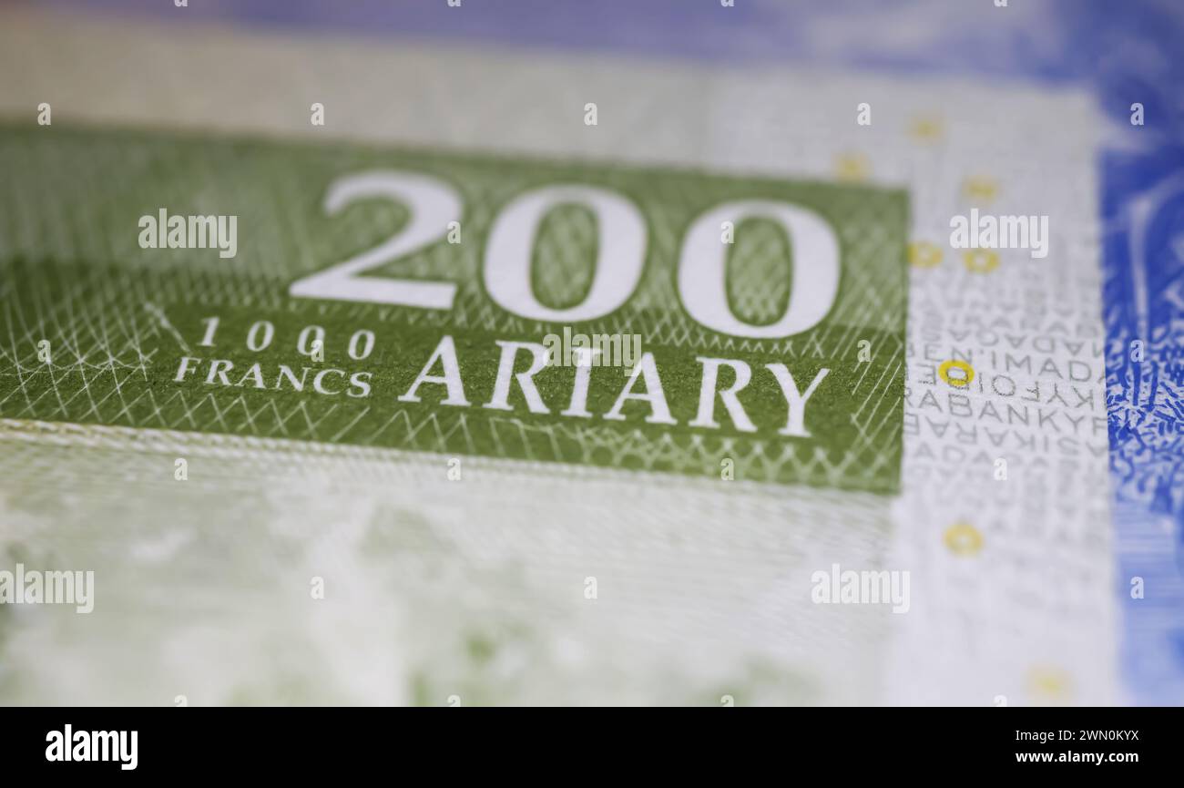 Closeup of old currency Madagascar Ariary banknote (focus on center ...