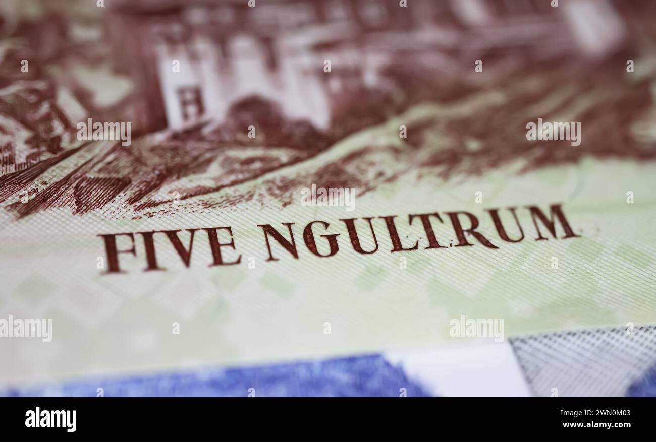 Closeup of old bhutan Ngultrum currency paper banknote (focus on center ...