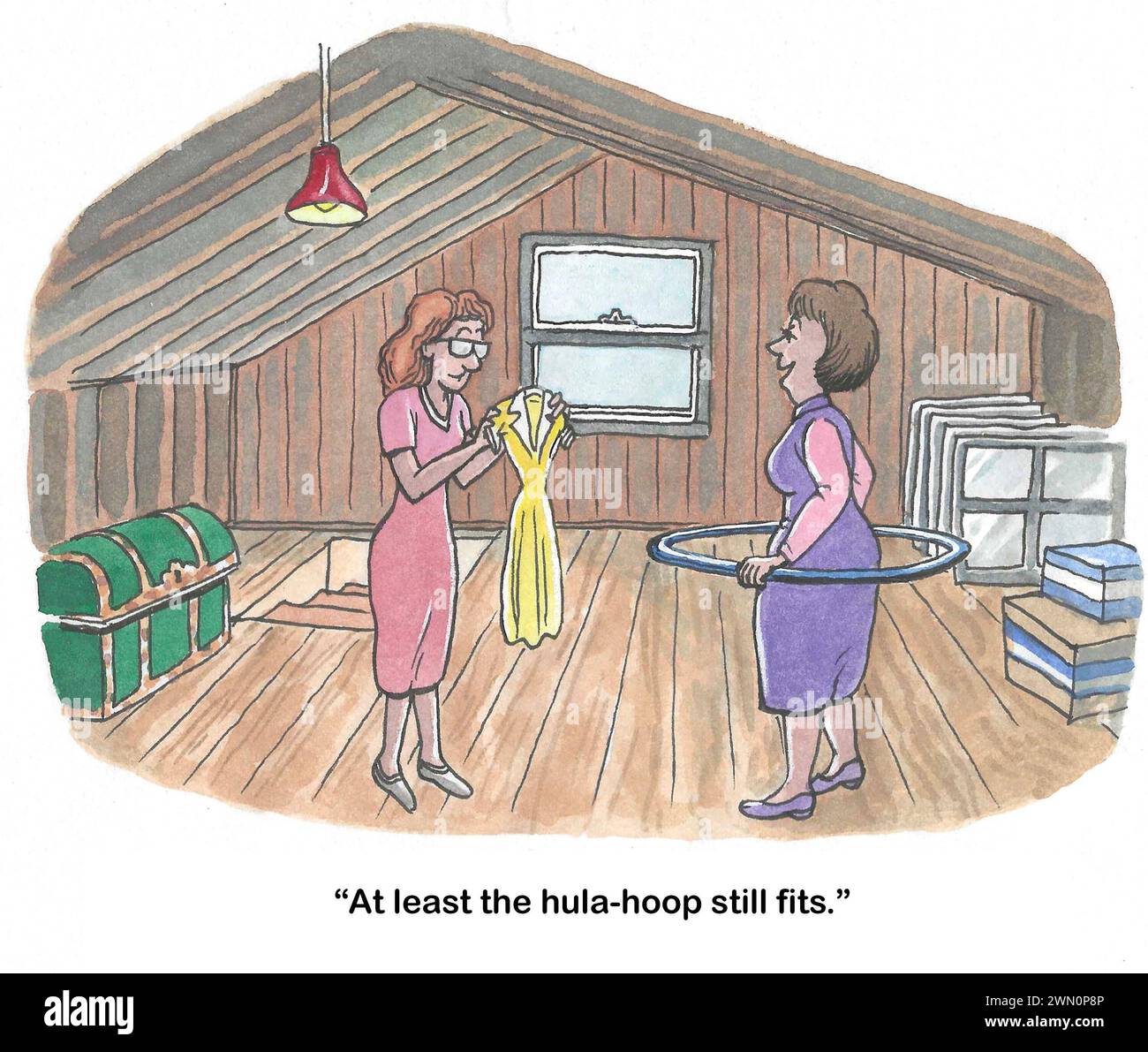 Color cartoon of two women looking at items from 20 years ago. At least ...