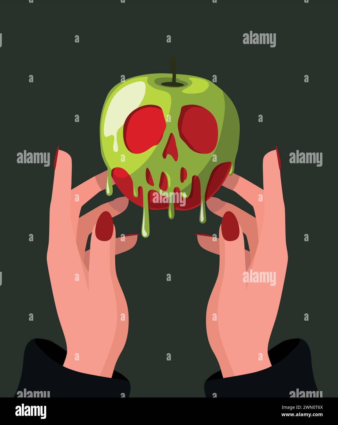 Witch holding poisoned red apple coated in skull poison. Snow white ...