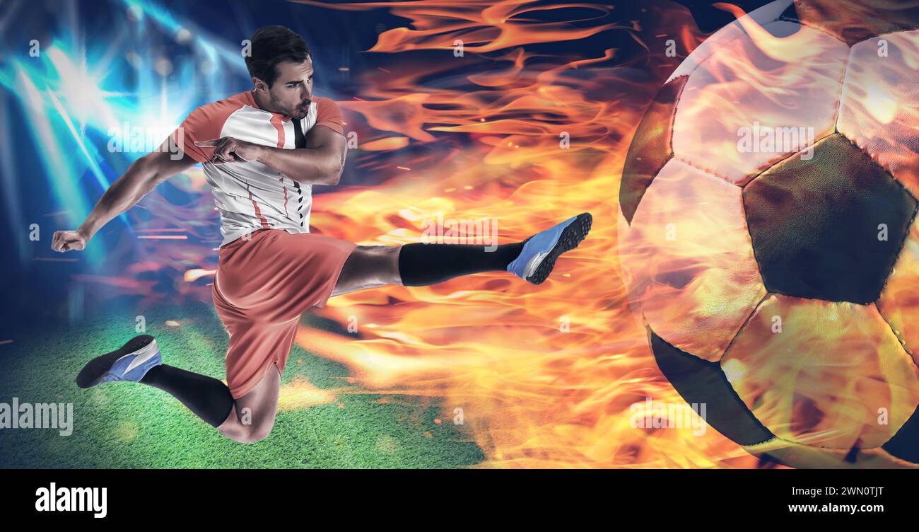 Sports betting, online bookmaker service. Football player kicking big ...