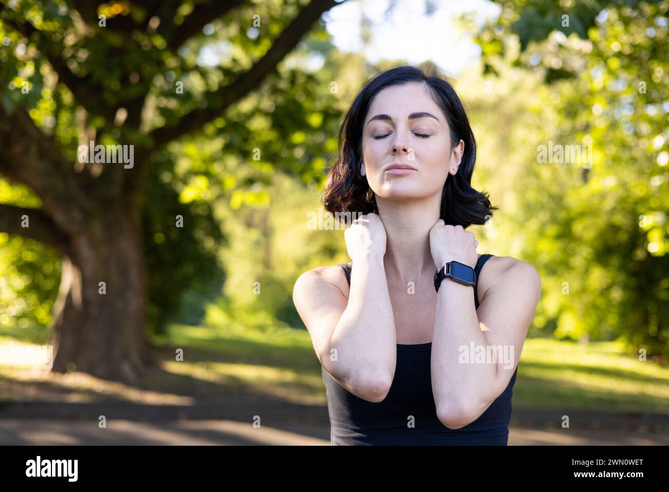 Close-up photo of young tired woman doing sports and exercising ...