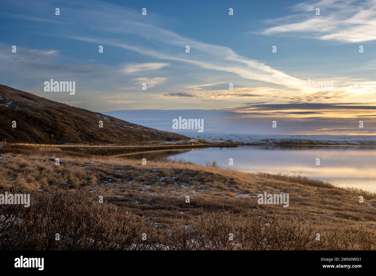 Early morning during arctic sunrise. Mountain with a snow and its ...