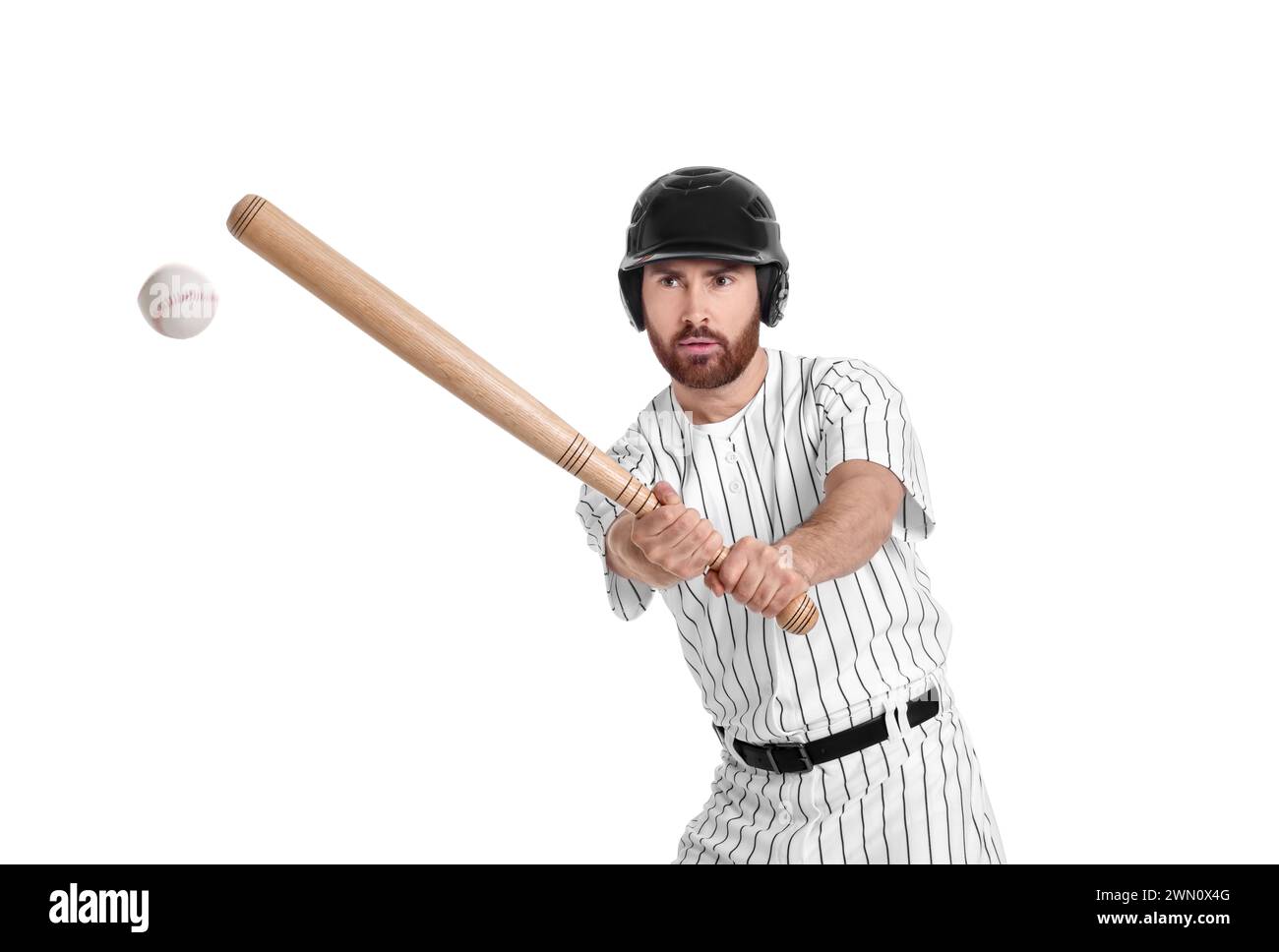 Baseball player hitting ball with bat on white background Stock Photo ...