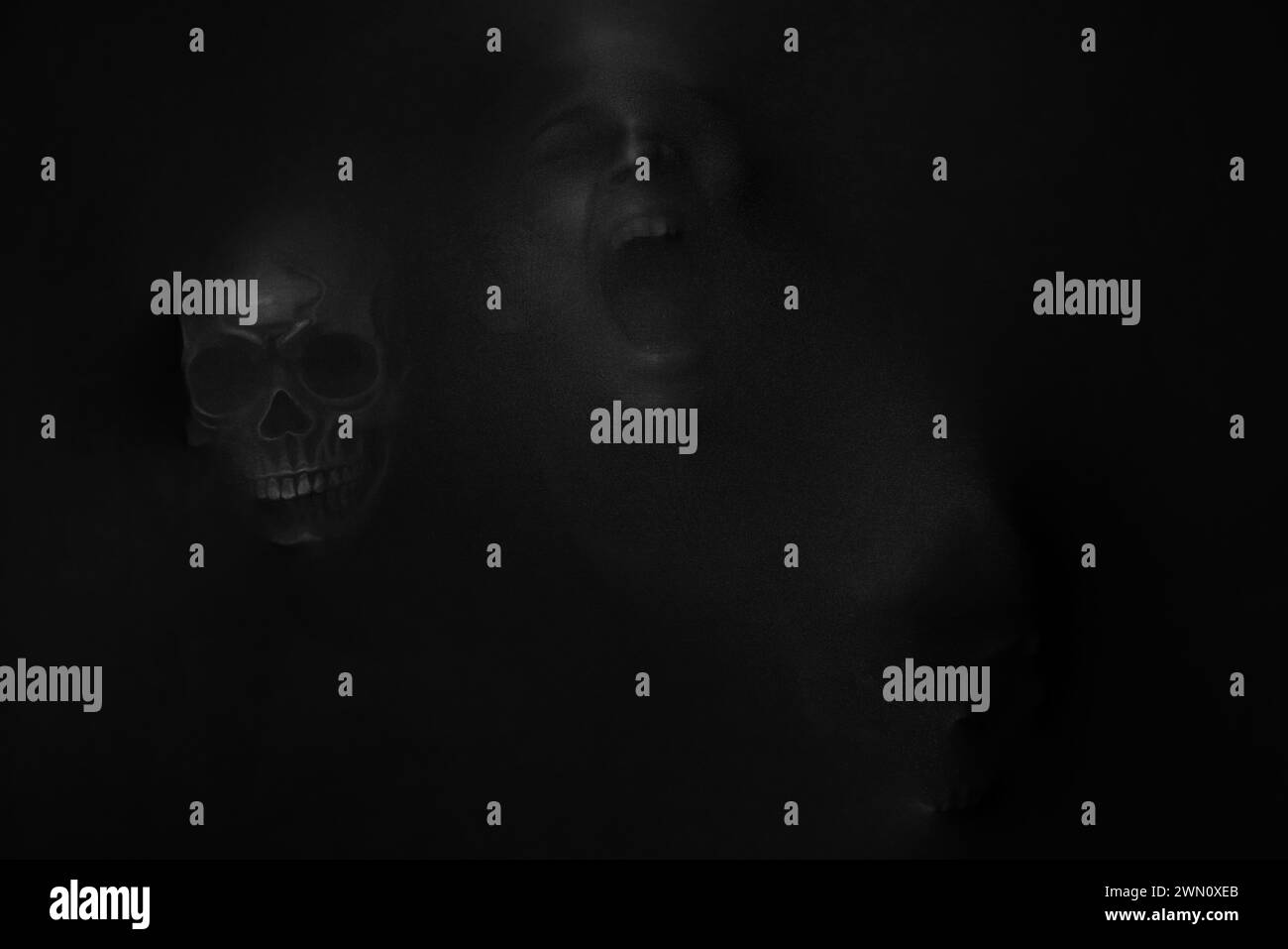 Silhouette of creepy ghost with skull behind black cloth Stock Photo ...