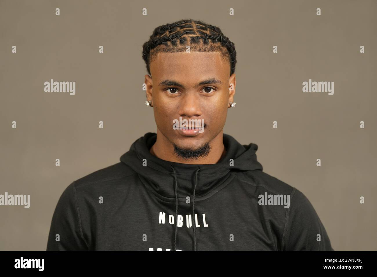 Texas wide receiver Adonai Mitchell poses for a portrait at the NFL football Combine, Wednesday ...