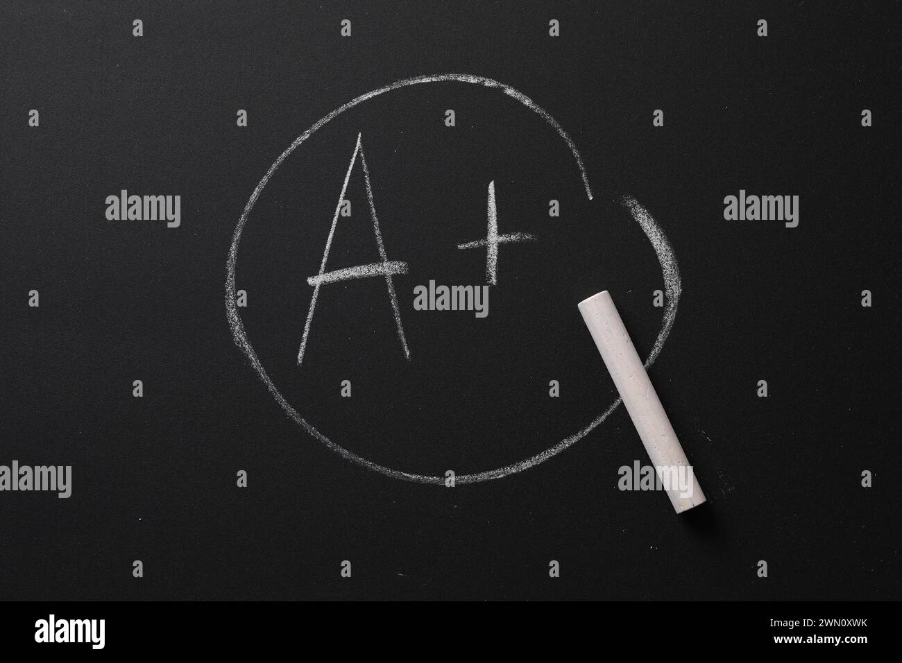 School grade. Letter A with plus symbol and chalk on blackboard, top ...