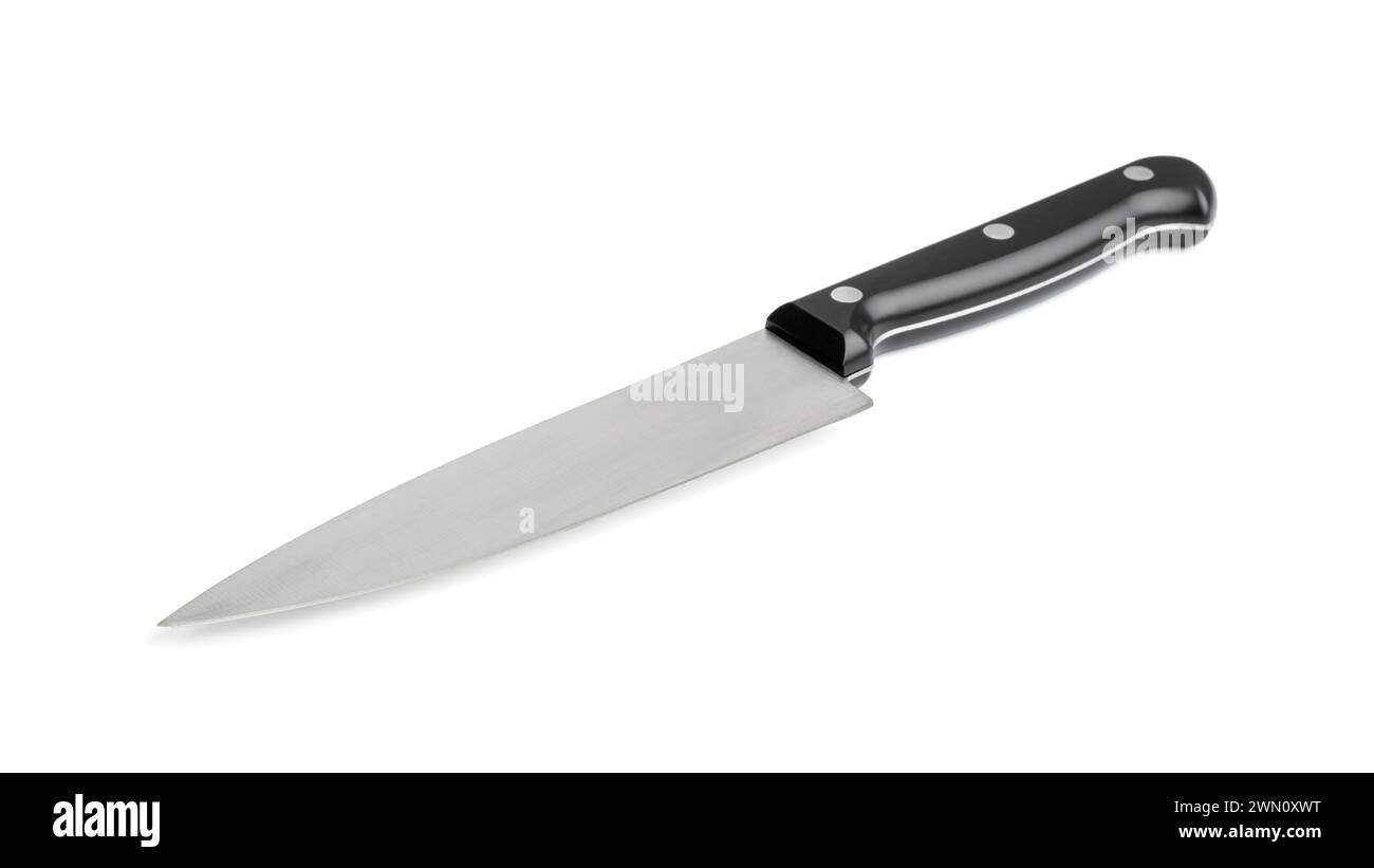 One sharp knife with black handle isolated on white Stock Photo - Alamy