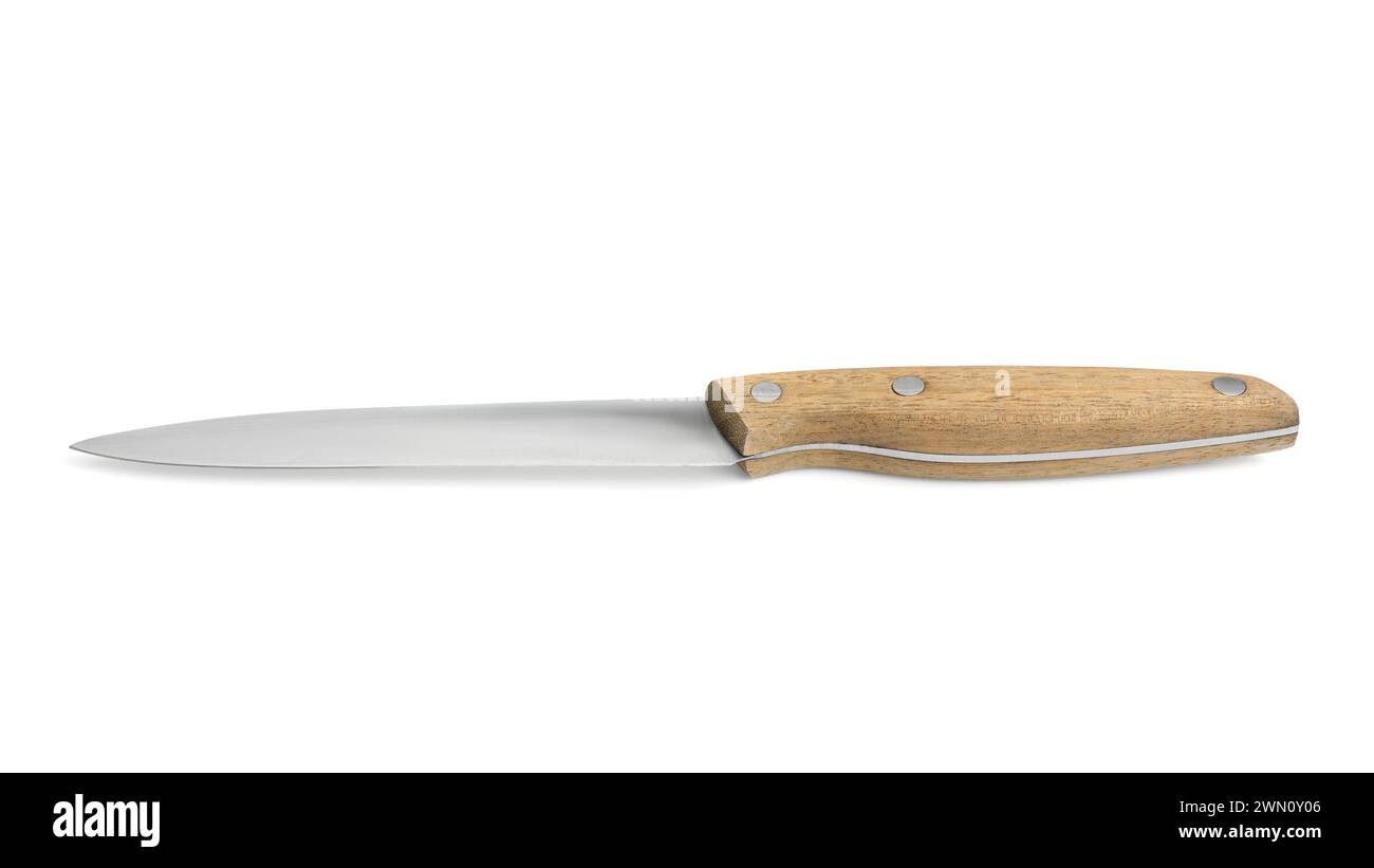 One sharp knife with wooden handle isolated on white Stock Photo - Alamy