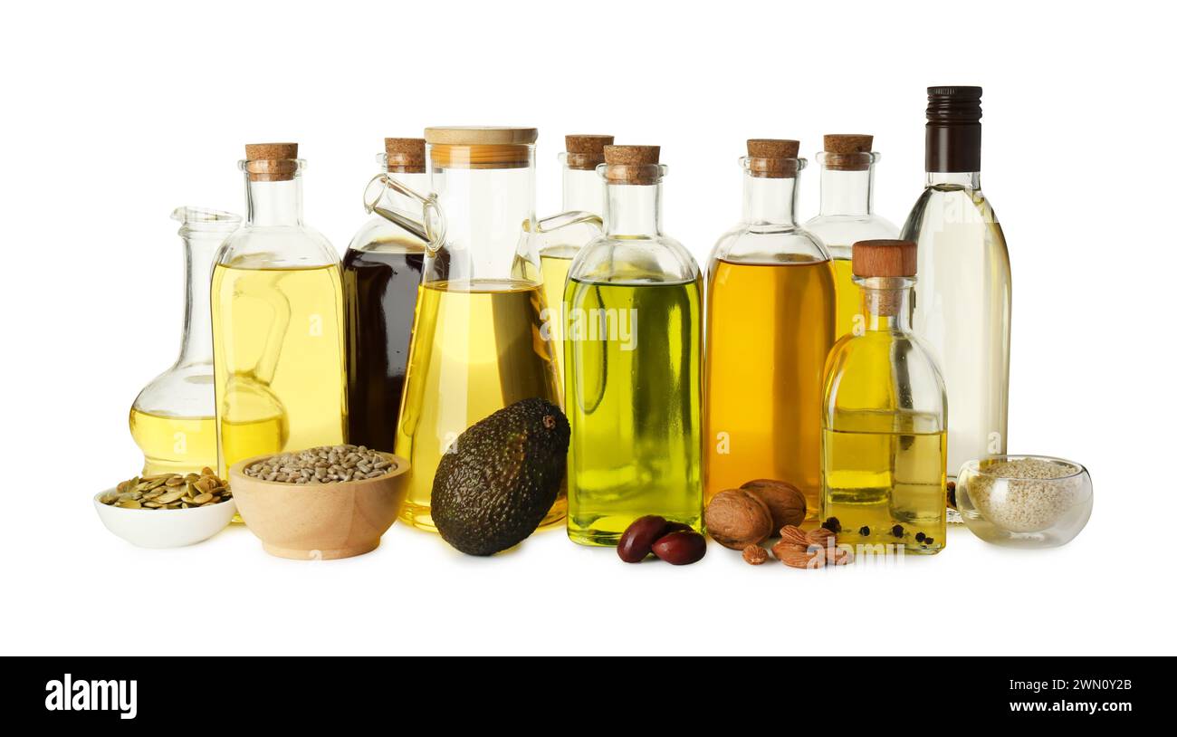 Vegetable fats. Different cooking oils and ingredients isolated on ...