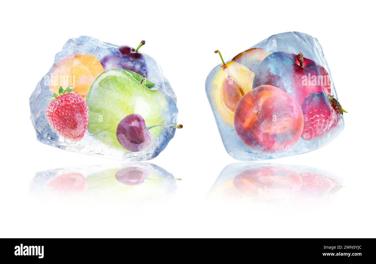 Frozen food. Different fruits in ice cubes in air on white background ...