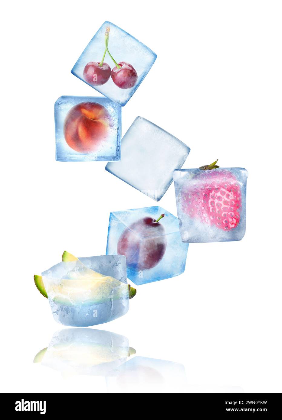 Frozen food. Different fruits and avocado in ice cubes falling on white ...