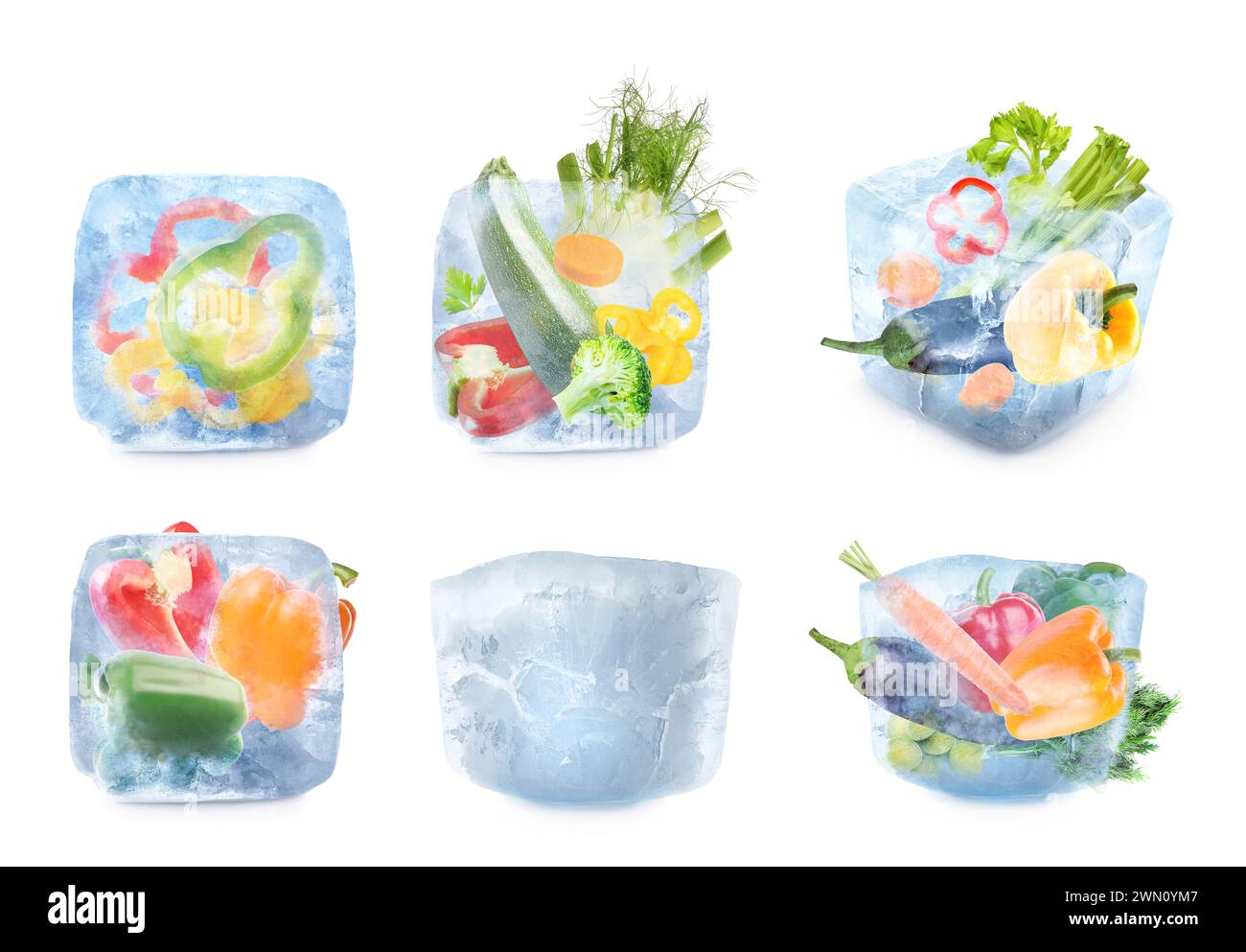 Different frozen vegetables and ice cube isolated on white, set Stock ...